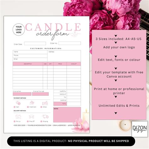 Editable Candle Order Form Template Printable Customizable Small