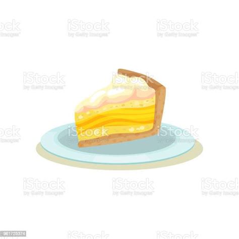 맛 있는 레몬 크림 케이크의 쪼 갠 다입니다 수 제 파이 접시에 맛 있는 디저트 카페 메뉴에 대 한 평면 벡터 디자인 0명에