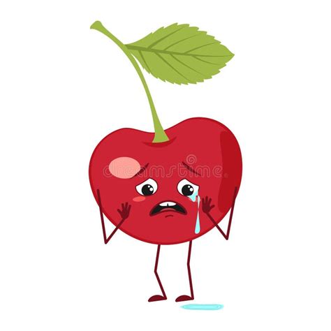 Cute Cherry Character With Crying And Tears Emotions Face Arms And Legs The Funny Or Sad Hero