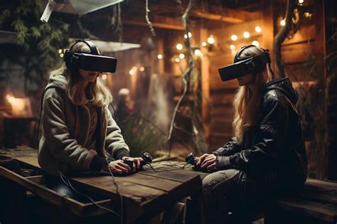 Two Girls Playing Virtual Reality Game Premium Ai Generated Image