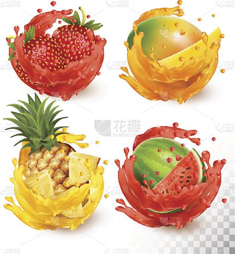 套装果汁喷溅。芒果，草莓，西瓜，菠萝，矢量