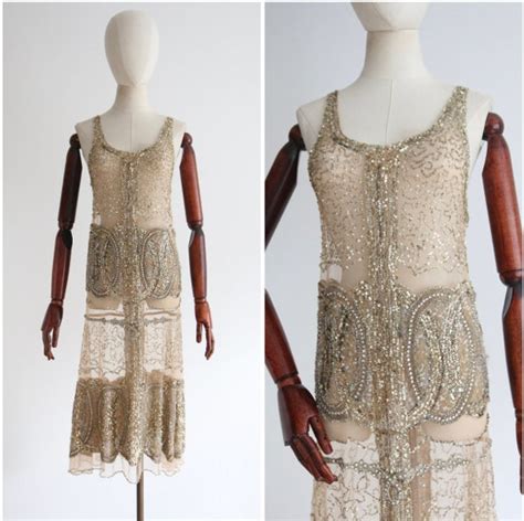 Vintage 1920s Gold Beaded Dress Original 1920s Tull Gem
