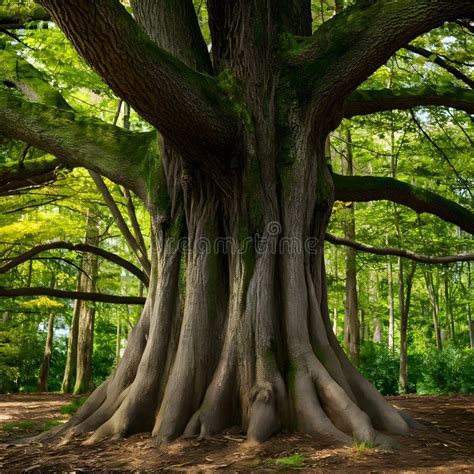 Thick Trunk Of Tall Tree In City Park Urban Nature Photo Stock