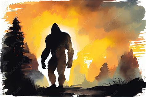 Watercolor Illustration Of A Bigfoot Silhouette At Sunset Generative