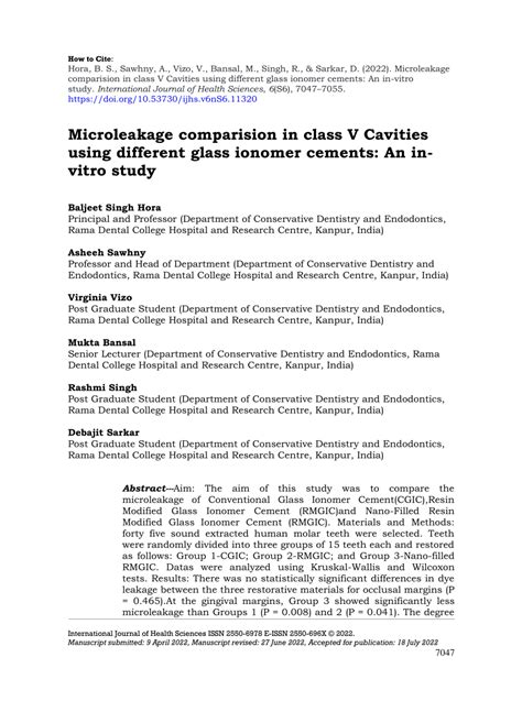 Pdf Microleakage Comparision In Class V Cavities Using Different Glass Ionomer Cements An In