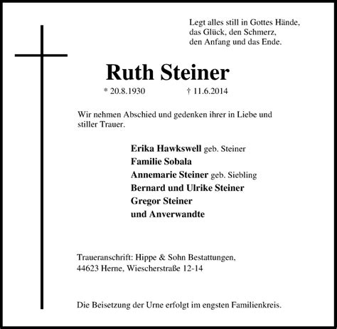 Traueranzeigen Von Ruth Steiner Trauer In Nrw De