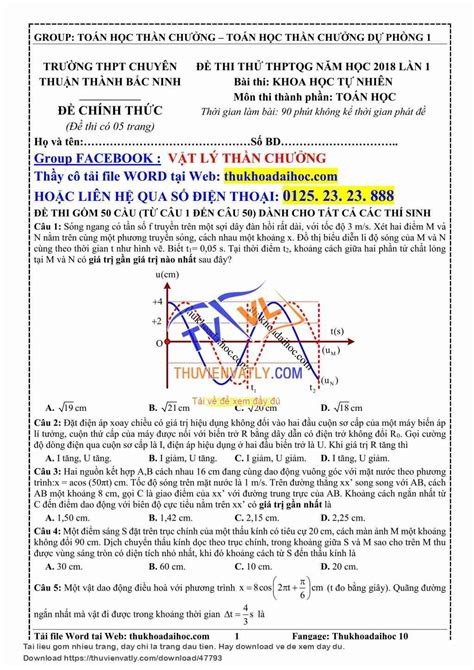 [pdf] Đề thi thử THPTQG Thuận Thành Bắc Ninh 2018 lần 1 | Thư Viện Vật Lý