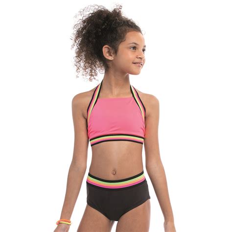 Moda Praia Infantil Biquíni Frente Única Preto E Rosa Com Faixas Colors