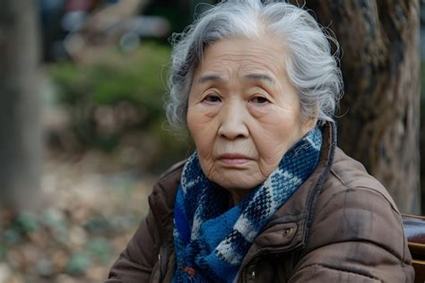 Portrait Of Sad Old Woman Sitting On A Bench In A Park Premium AI