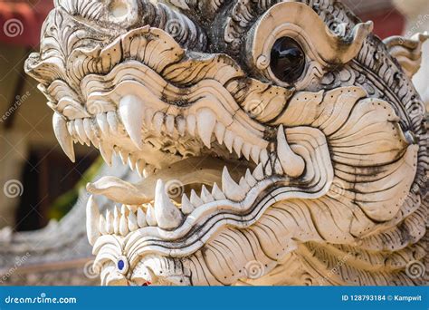 Close Up White Naga Heads Open Mouth With White Fangs In Thai S Style