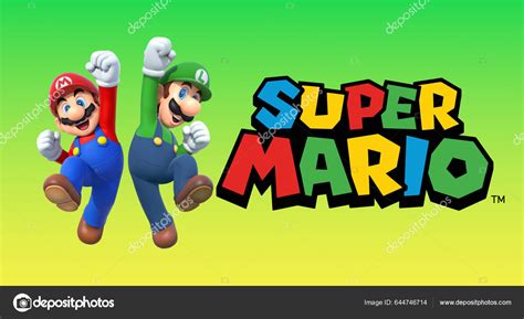 Super Mario Bros Luigi Jumping Super Mario Logo Green Background Stock