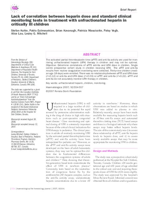 Pdf Lack Of Correlation Between Heparin Dose And Standard Clinical Monitoring Tests In