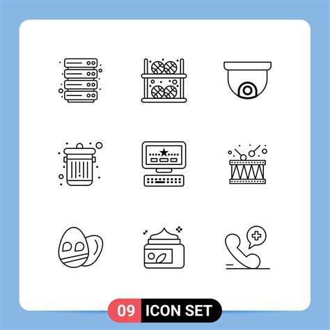 Group Of 9 Modern Outlines Set For Drum Star Camera Computer Dustbin Editable Vector Design