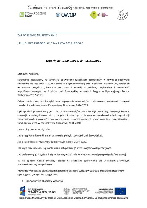 Zaproszenie na spotkanie Lębork sierpnia Urząd Gminy Choczewo