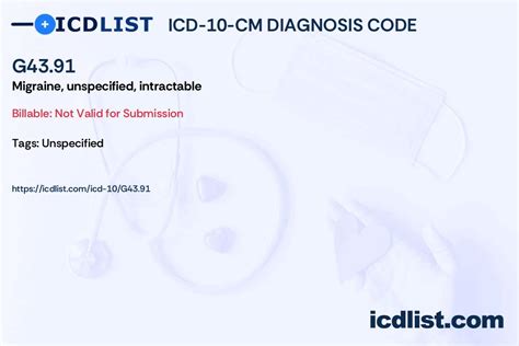 Icd 10 Cm Diagnosis Code G43 91 Migraine Unspecified Intractable