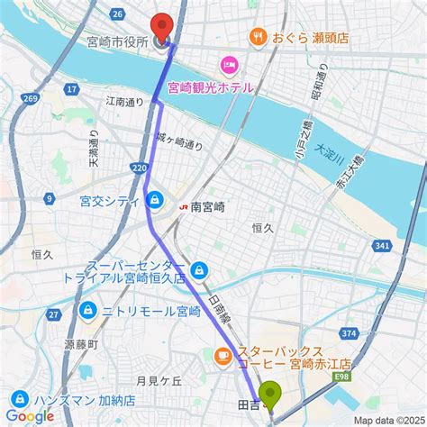 田吉駅から宮崎市民プラザへのルートマップ Mdata