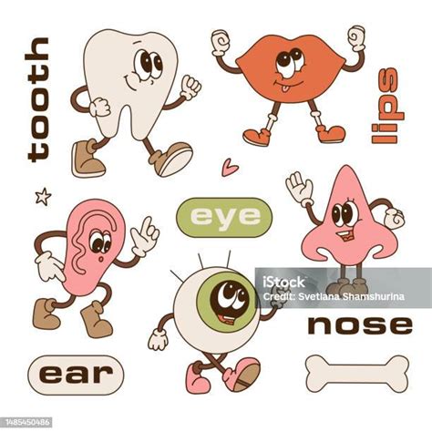 복고풍 만화 캐릭터는 인간의 얼굴의 다른 부분으로 만들어졌습니다 얼굴 기관 눈 입술 코 치아 및 귀 트렌디한 90년대 스타일로 설정된 신체 부위 마스코트 등고선 벡터