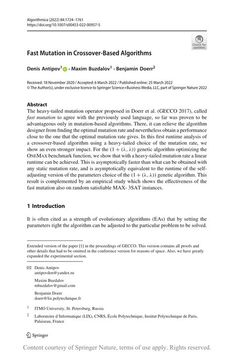 Fast Mutation In Crossover Based Algorithms Request Pdf