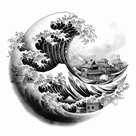Premium Photo A Black And White Drawing Of A Wave Crashing Over A