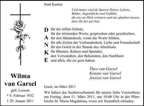 Traueranzeigen Von Wilma Van Garsel Trauer In Nrw De