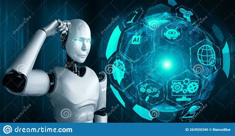 Thinking Ai Hominoid Robot Analyzing Hologram Screen Shows Concept Of Network Stock Illustration