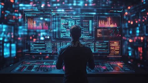 man working with futuristic digital interface displaying data graphs