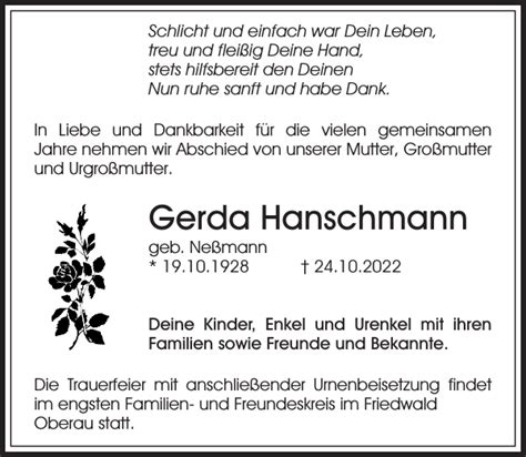 Gerda Hanschmann Traueranzeige Sächsische Zeitung