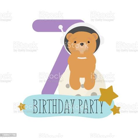 생일 파티 인사말 카드 파티 초대장 귀여운 우주 곰과 비문 10와 아이 일러스트 만화 스타일의 벡터 일러스트레이션 0명에 대한