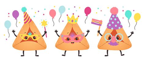 부림절 휴일 배너 디자인 Hamantaschen 쿠키 재미있는 만화 캐릭터 행복한 부림절 하만타쉔에 대한 스톡 벡터 아트 및