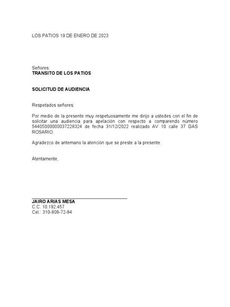 Solicitud De Audiencia Para Apelar Un Comparendo Por Tránsito En Los
