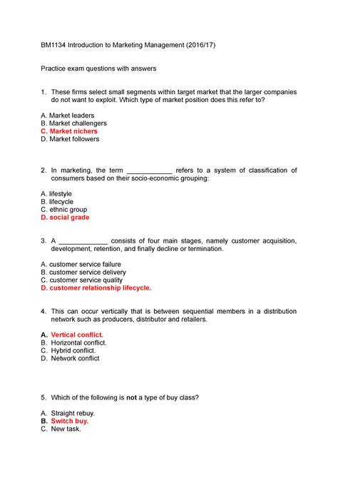 Examples Answers For Mcqs Bm1134 Bm1134 Introduction To Marketing