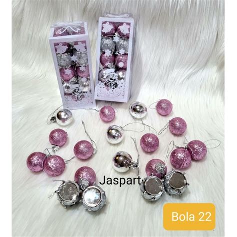 Jual Gantungan Pohon Natal Bola Pink Silver 3cm Box Mix Isi 20
