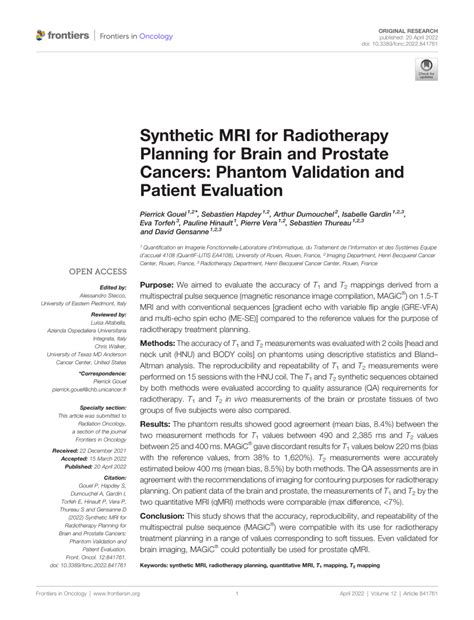 Pdf Synthetic Mri For Radiotherapy Planning For Brain And Prostate