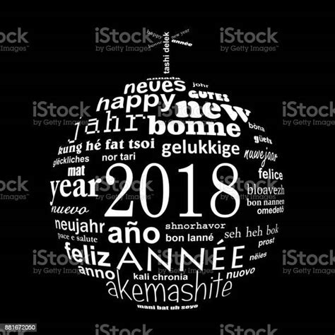 검은 배경에 흰색 크리스마스 볼의 형태로 2018 새 해 다국어 텍스트 단어 구름 인사말 카드 0명에 대한 스톡 벡터 아트 및