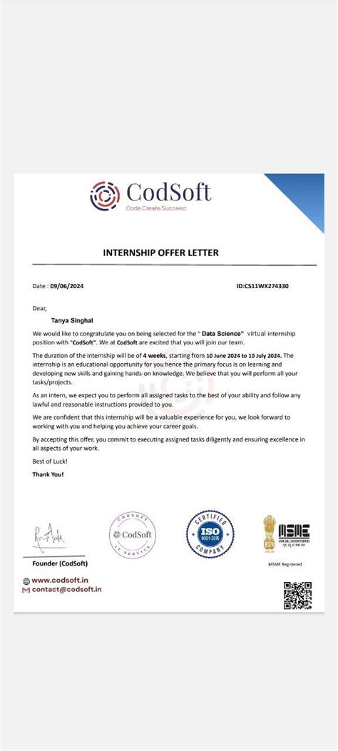tanya singhal on linkedin codsoft internship datascience