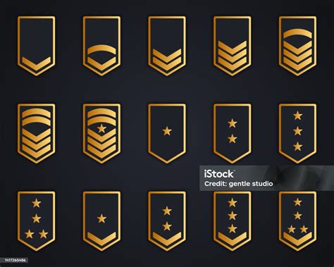 군사 휘장 군인 아이콘 세트 쉐브론 스트라이프 배지 골드 로고 상사 장군 소령 장교 중령 대령 패치 어두운 배경에 황금 육군 계급 격리된 벡터 일러스트 레이 션 제복에 대한