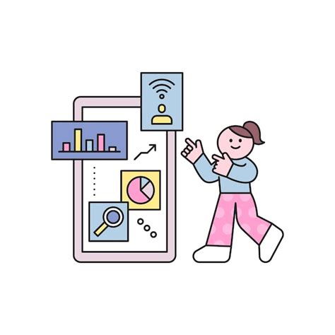 Premium Vector There Are Many Analytics Graphs On The Mobile And A Girl Is Pointing To The Data