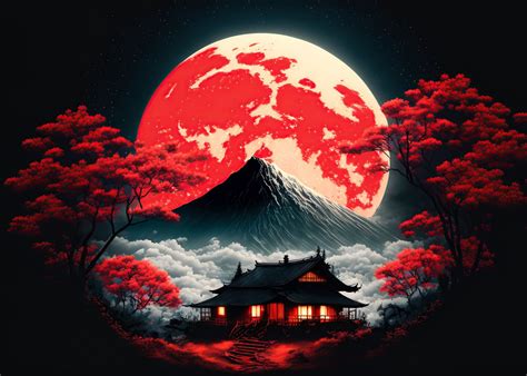 Red Moon Japan Poster Picture Metal Print Paint By Dorthytoy
