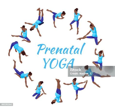 요가 클래스 배너 임신 아프리카 여자 체력 운동을 하 고 아이소메트릭 3d 스포츠 훈련 휴식 명상 포즈 컬렉션 일러스트 벡터 3차원 형태에 대한 스톡 벡터 아트 및 기타