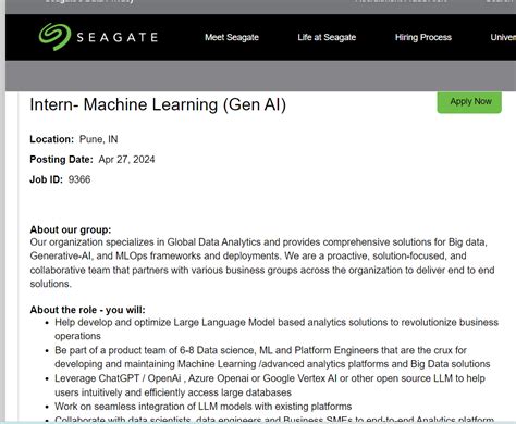 seagate hiring intern machine learning gen ai b e b tech m e m tech mca pune jobs for