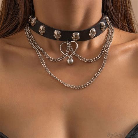 Punk Dark Black Love Heart Skull Rivet Tassel Bell Adjustable Leather