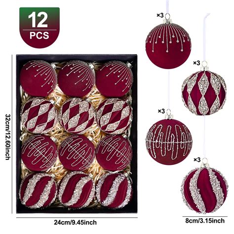 Elegant Burgundy Velvet Christmas Ornaments 12 Pcs 315 Flocked