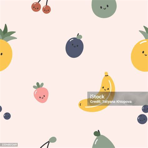 귀여운 과일과 베리가 있는 완벽 한 패턴입니다 어린이 배경 카드 포스터 배너 책 팩에 인쇄 옷 직물 벽지 섬유 또는 접시 0명에 대한 스톡 벡터 아트 및 기타 이미지