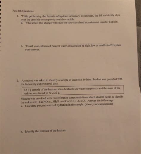 post lab questions 1 while performing the formula of hydrate