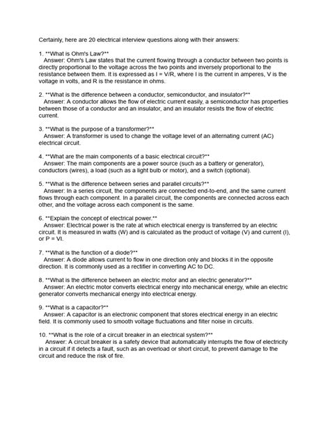 20 Electrical Interview Question Pdf Electric Current Passivity