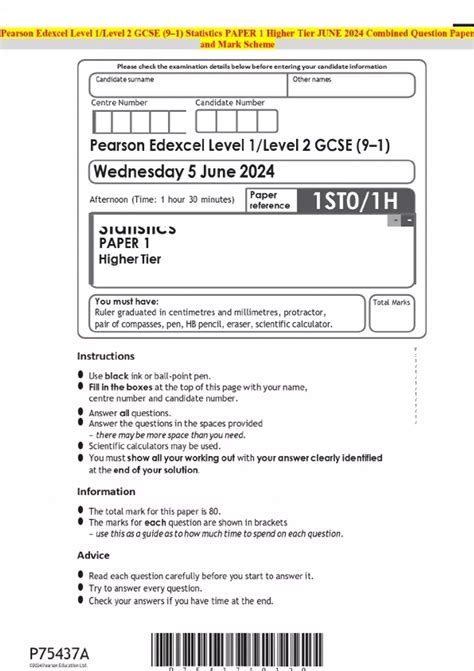 Pearson Edexcel Level 1 Level 2 Gcse 9 1 Statistics Paper 1 Higher