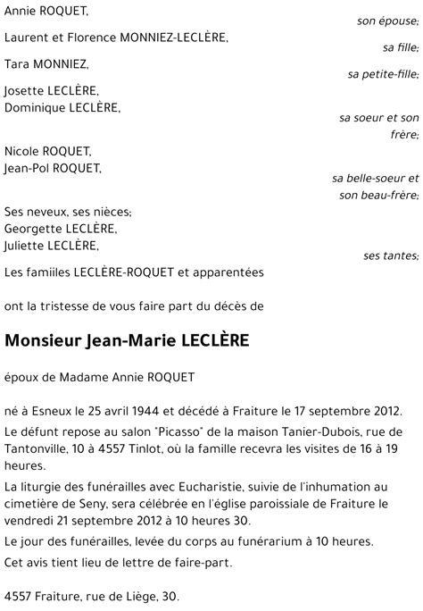 Avis De Décès De Jean Marie LeclÈre Décédé Le 17092012 à Fraiture