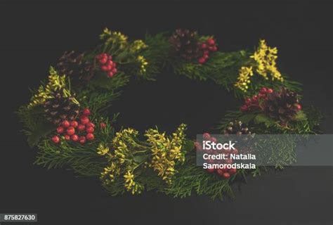 검은 배경에 장식으로 크리스마스 장식 화 환입니다 Thuja 꽃 소나무 콘에서 만든 꽃 디자인입니다 축제 모드입니다 0명에 대한