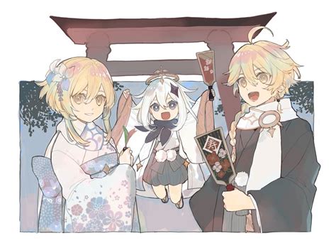 Lumine Aether And Paimon Genshin Impact Drawn By Mogomaco Danbooru