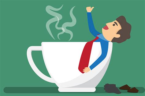 만화 사업가 때문에 졸음의 커피를 마시고 더 큰 커피 컵이 필요합니다 커피 중독 벡터 일러스트레이션을 참조하십시오 남자에 대한 스톡 벡터 아트 및 기타 이미지 Istock